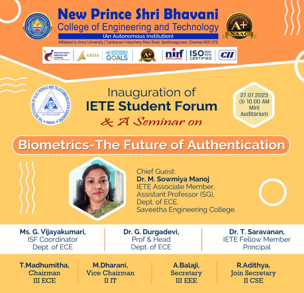 IETE STUDENT FORUM INAUGURATION 27_07_2023 | New Prince Shri Bhavani College of Engineering and ...