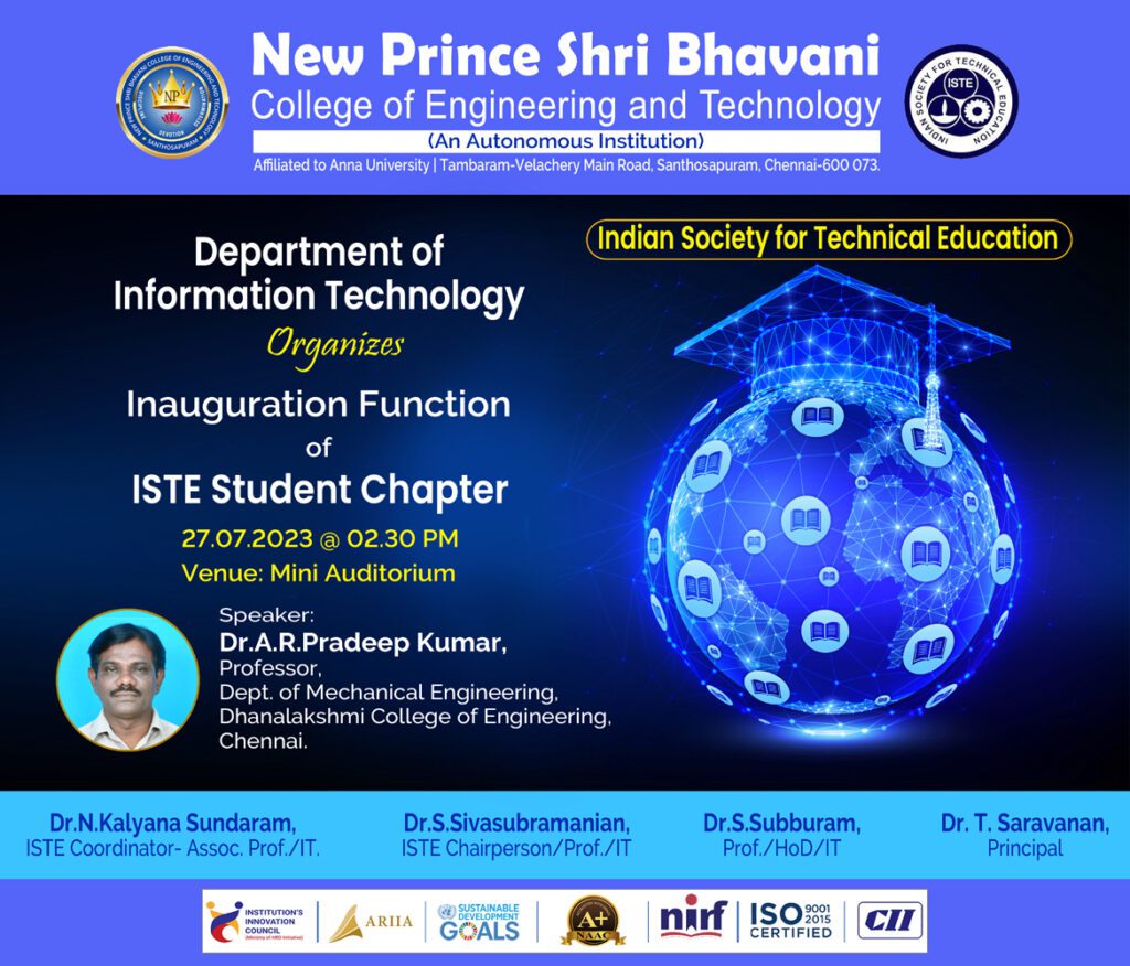 ISTE STUDENT CHAPTER INAUGURATION 27_07_2023 | New Prince Shri Bhavani ...